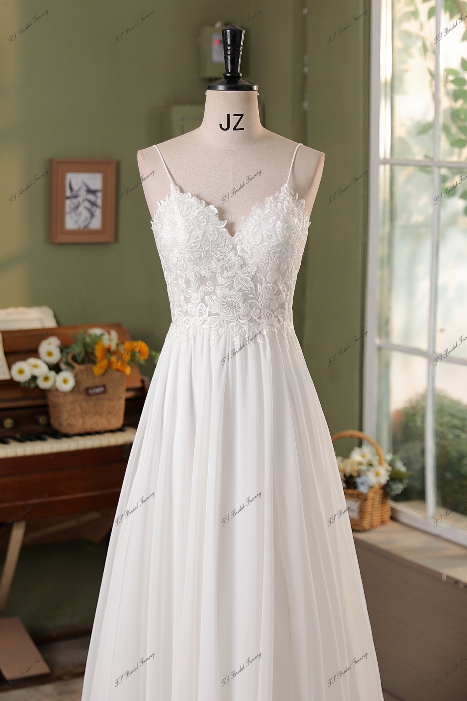 Spaghetti Straps Lace A Line Chiffon Wedding Dress