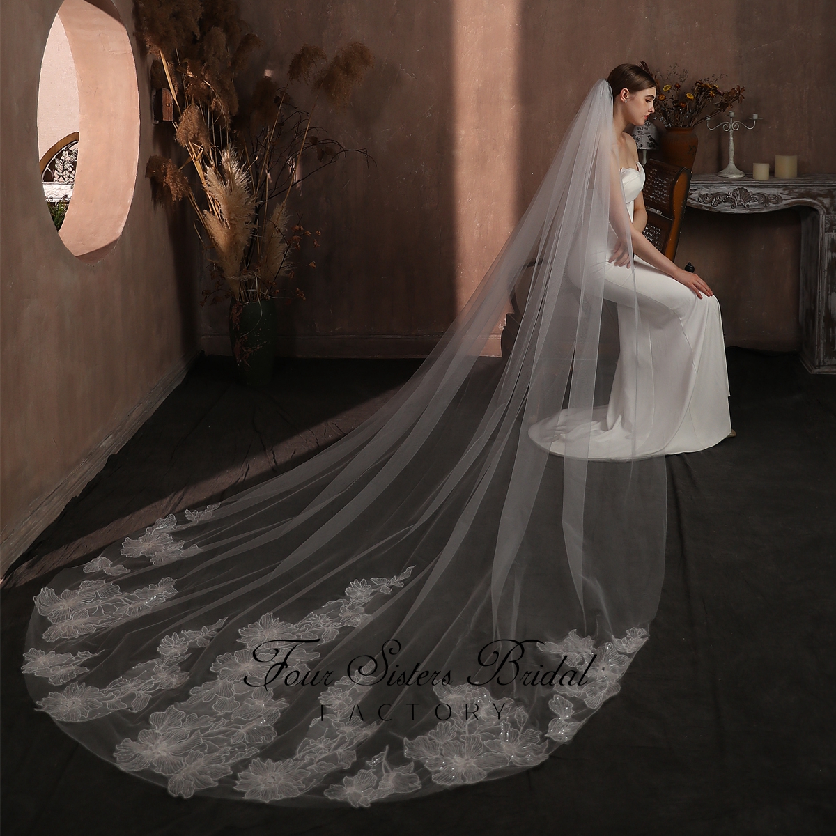 118 Inch Big Flowers Sequin Floral Lace Veil