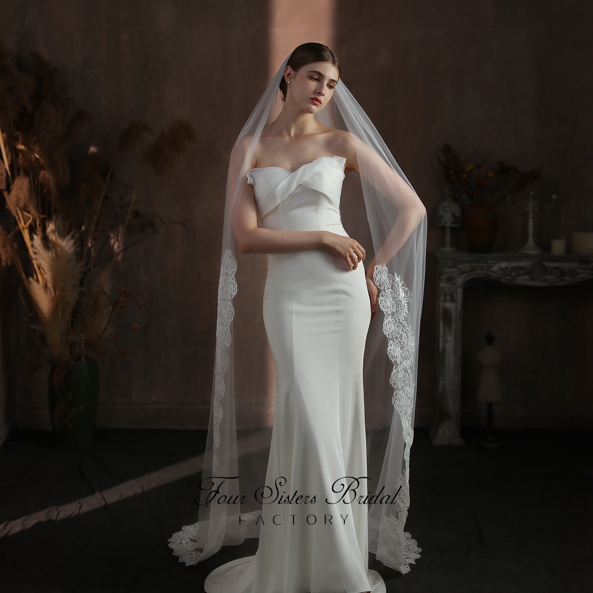 90 Inches Bridal Veils With Soft Lace Hem