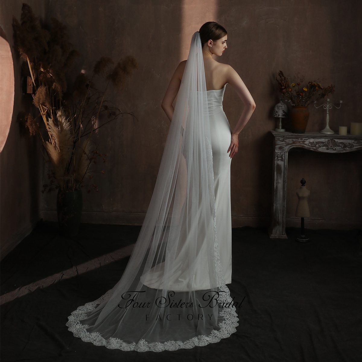 90 Inches Bridal Veils With Soft Lace Hem