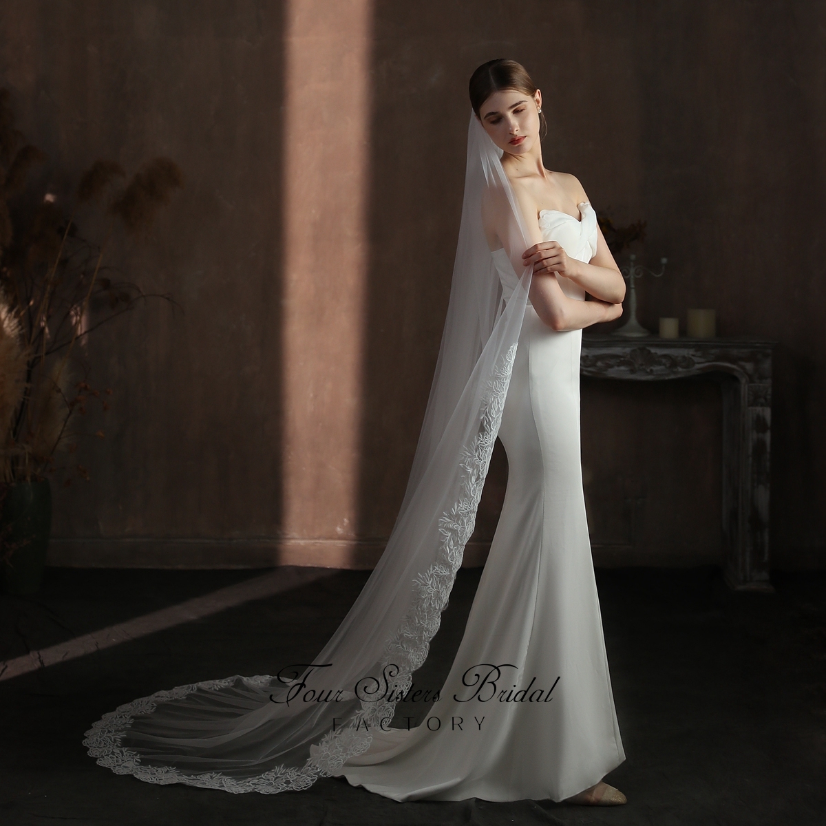 90 Inches Bridal Veils With Soft Lace Hem