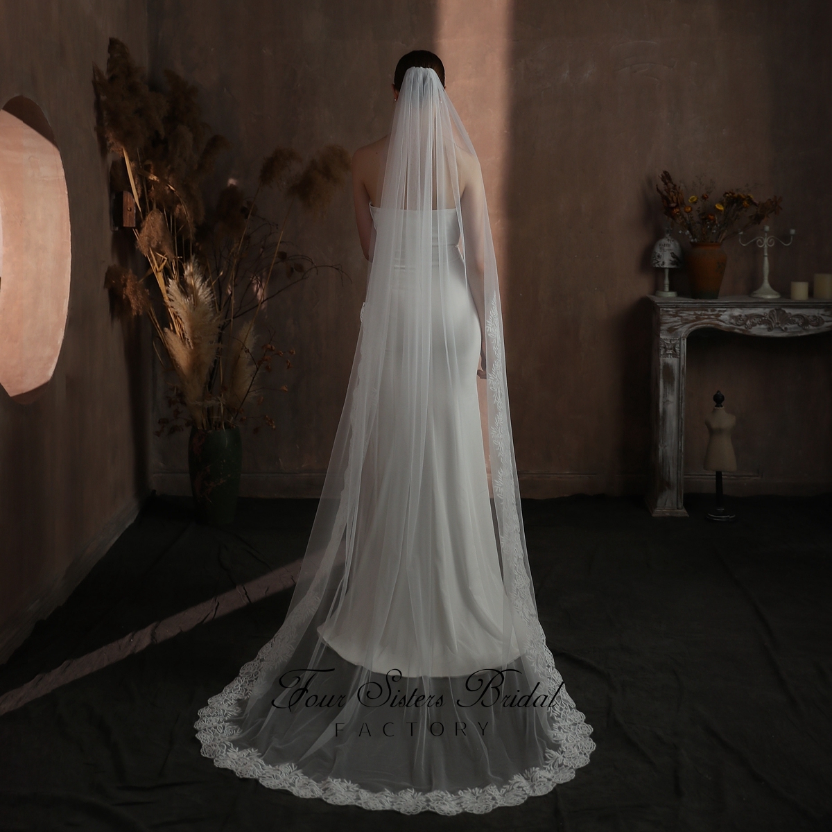 90 Inches Bridal Veils With Soft Lace Hem