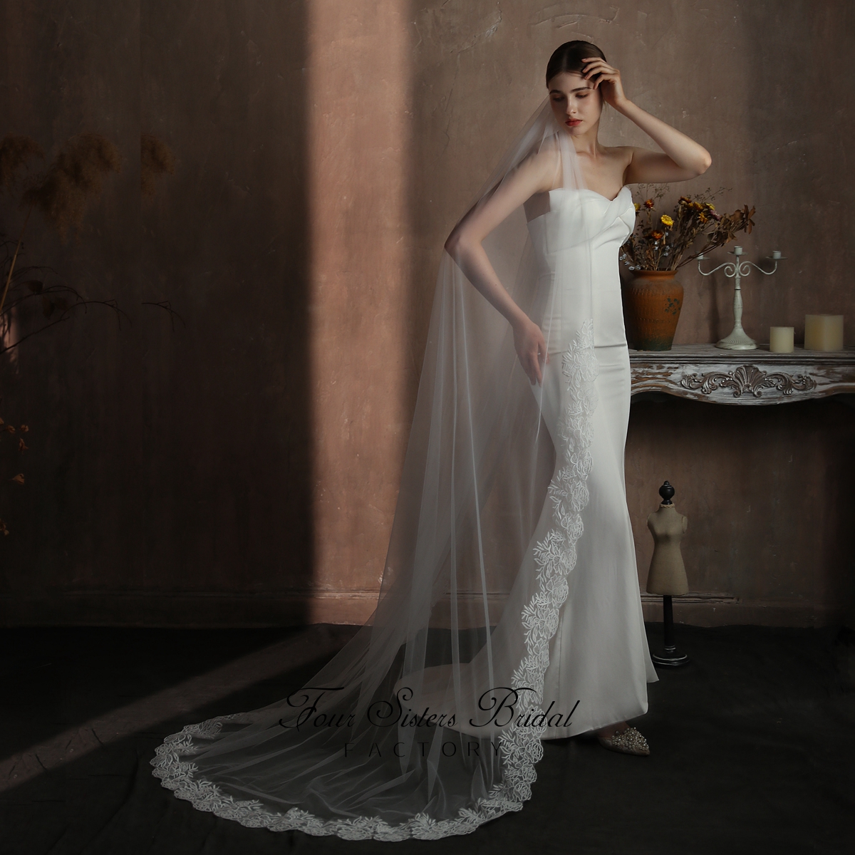 90 Inches Bridal Veils With Soft Lace Hem