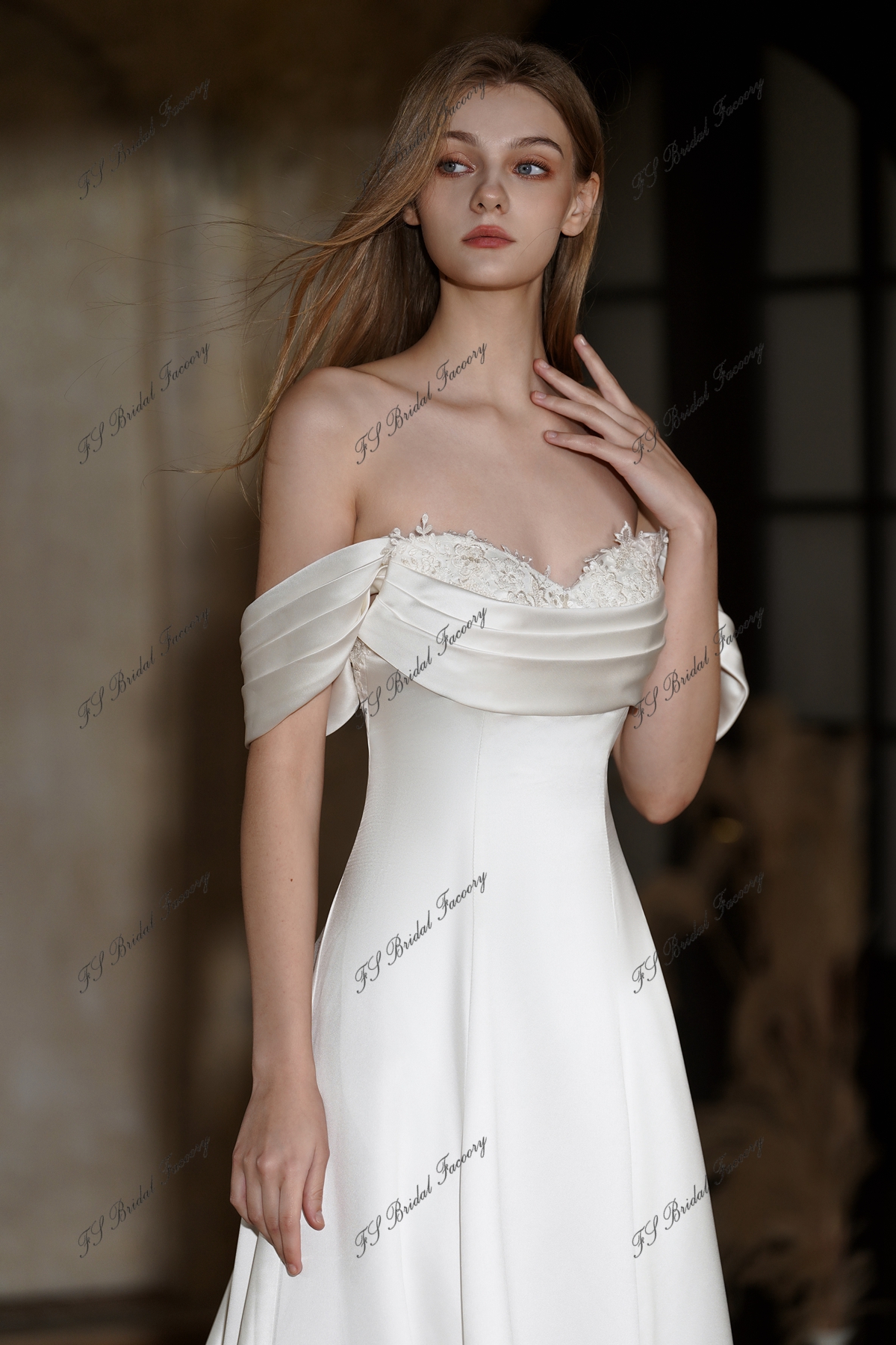 Classic A-line Duchess Satin Wedding Gown With Detached Off Shoulder Sleeve