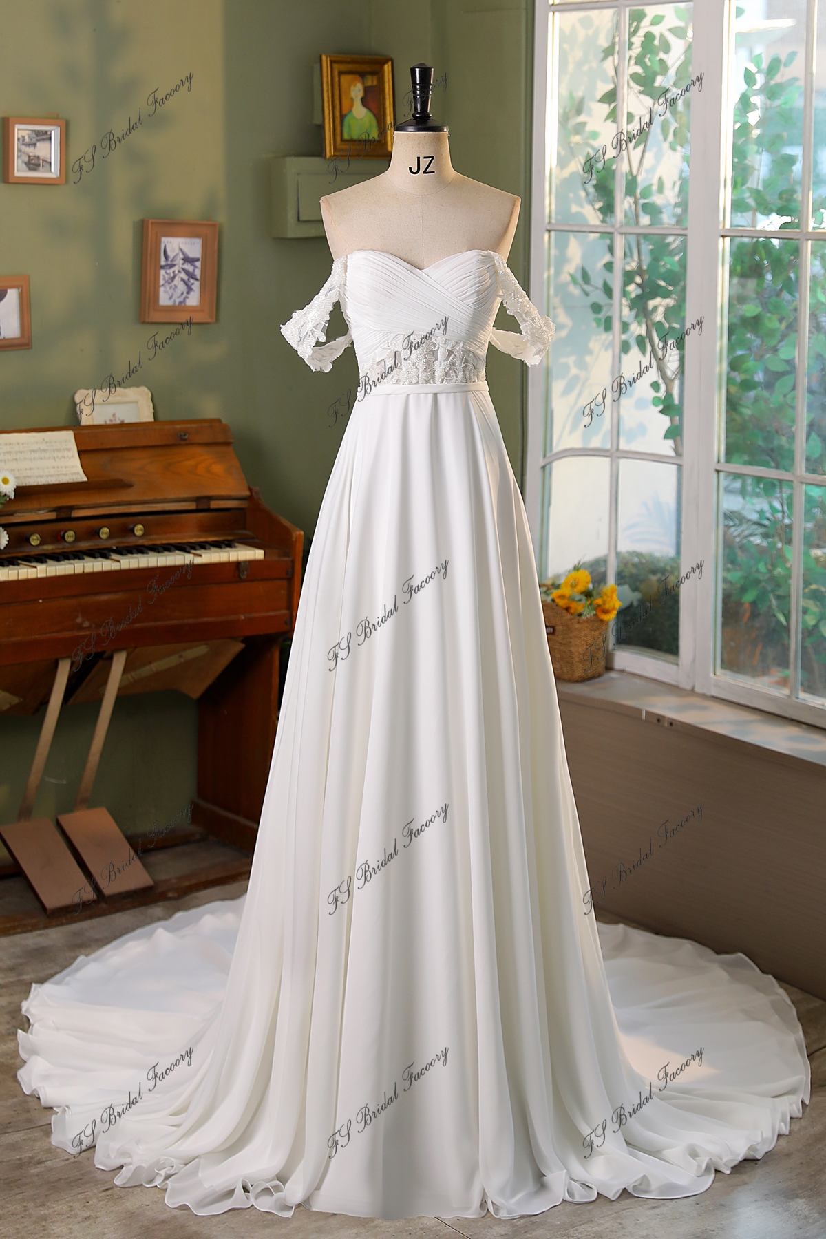 Detached Off Shoulder Sleeve Pleat A Line Chiffon Beading Wedding Dress