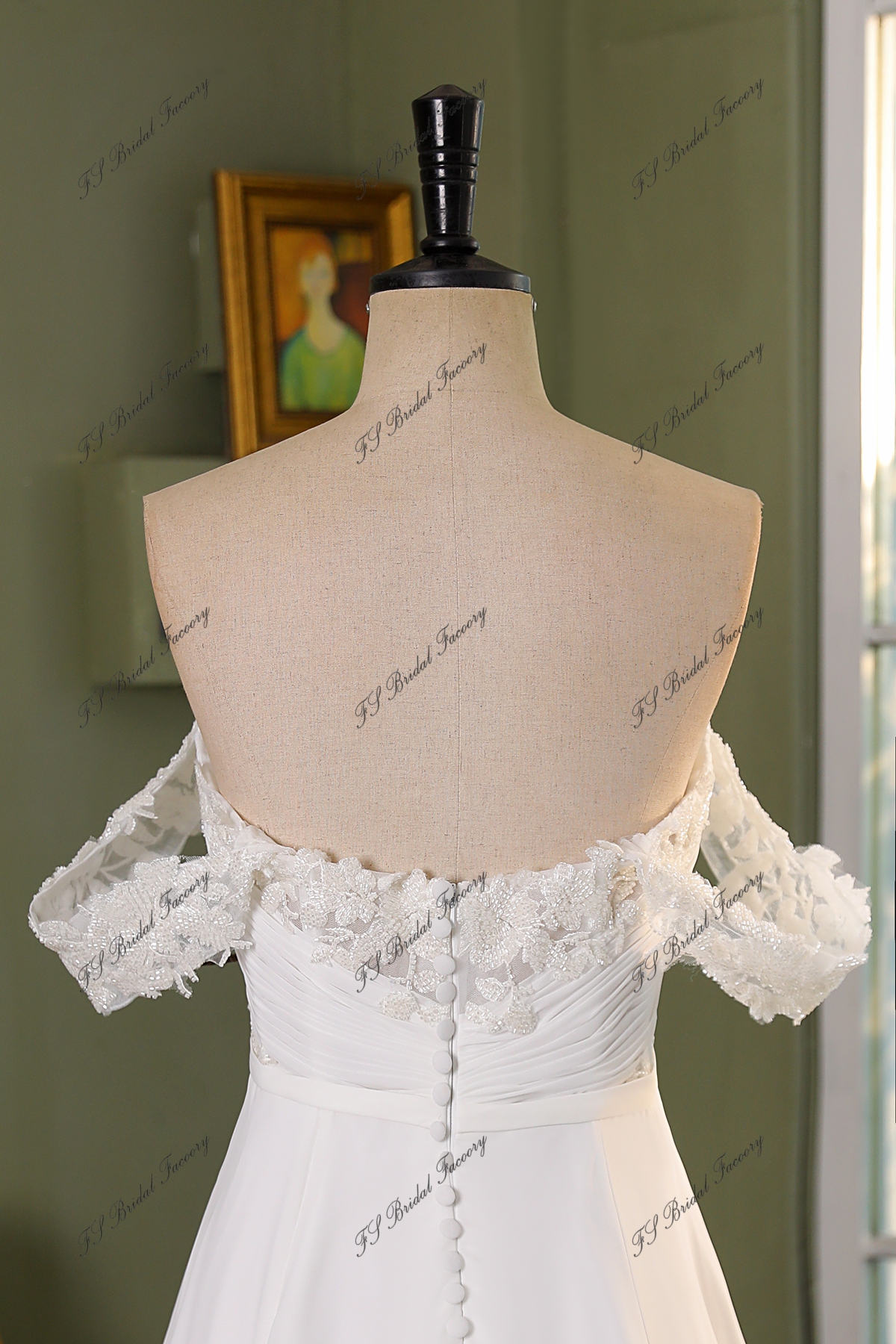 Detached Off Shoulder Sleeve Pleat A Line Chiffon Beading Wedding Dress