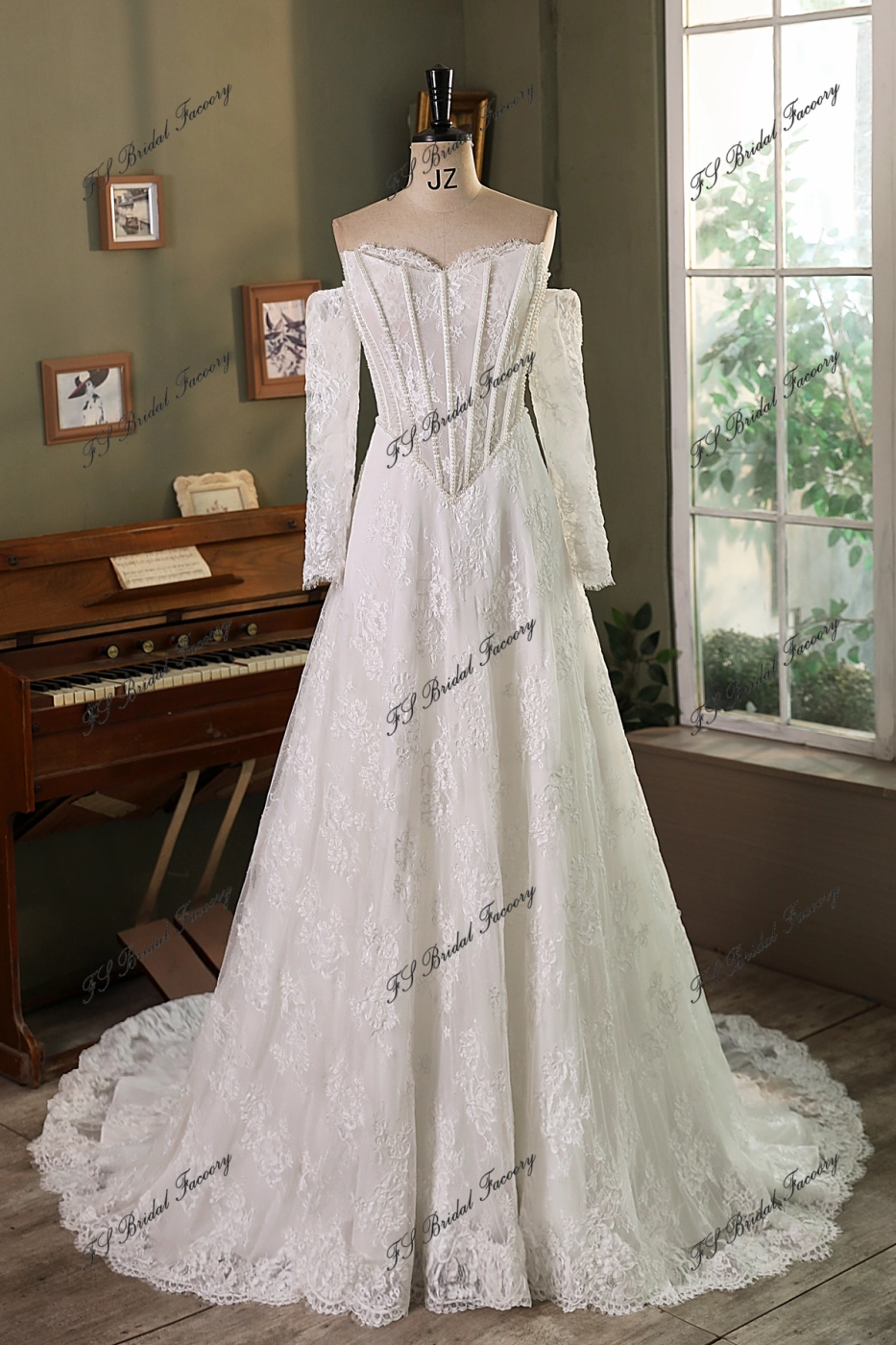 Allover Lace A-Line Gown with Sheer Corset Bodice and V Basque Waist