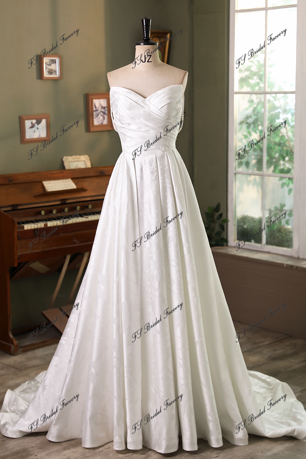 Pearl Straps Printed Satin Ball Gown With Pleat Bodice