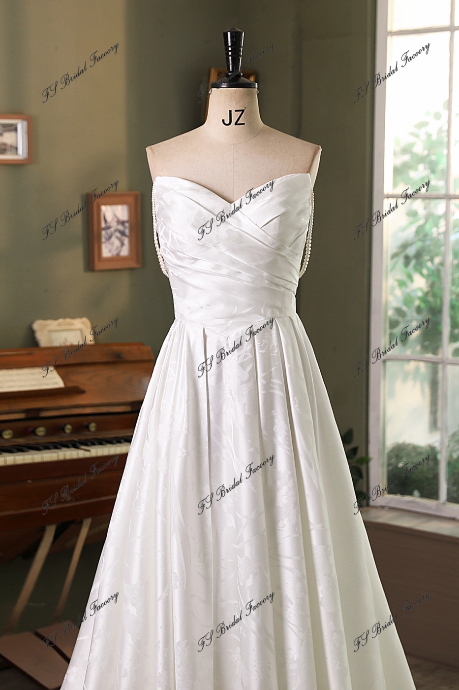Pearl Straps Printed Satin Ball Gown With Pleat Bodice