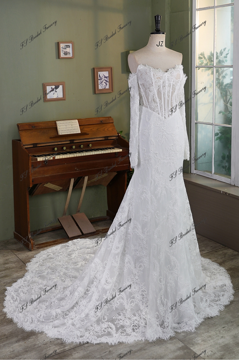 Allover Lace Mermaid Wedding Gown with Sheer Corset Bodice and V Basque ...