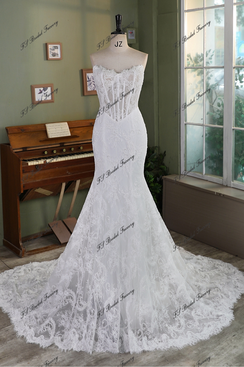 Allover Lace Mermaid Wedding Gown with Sheer Corset Bodice and V Basque ...