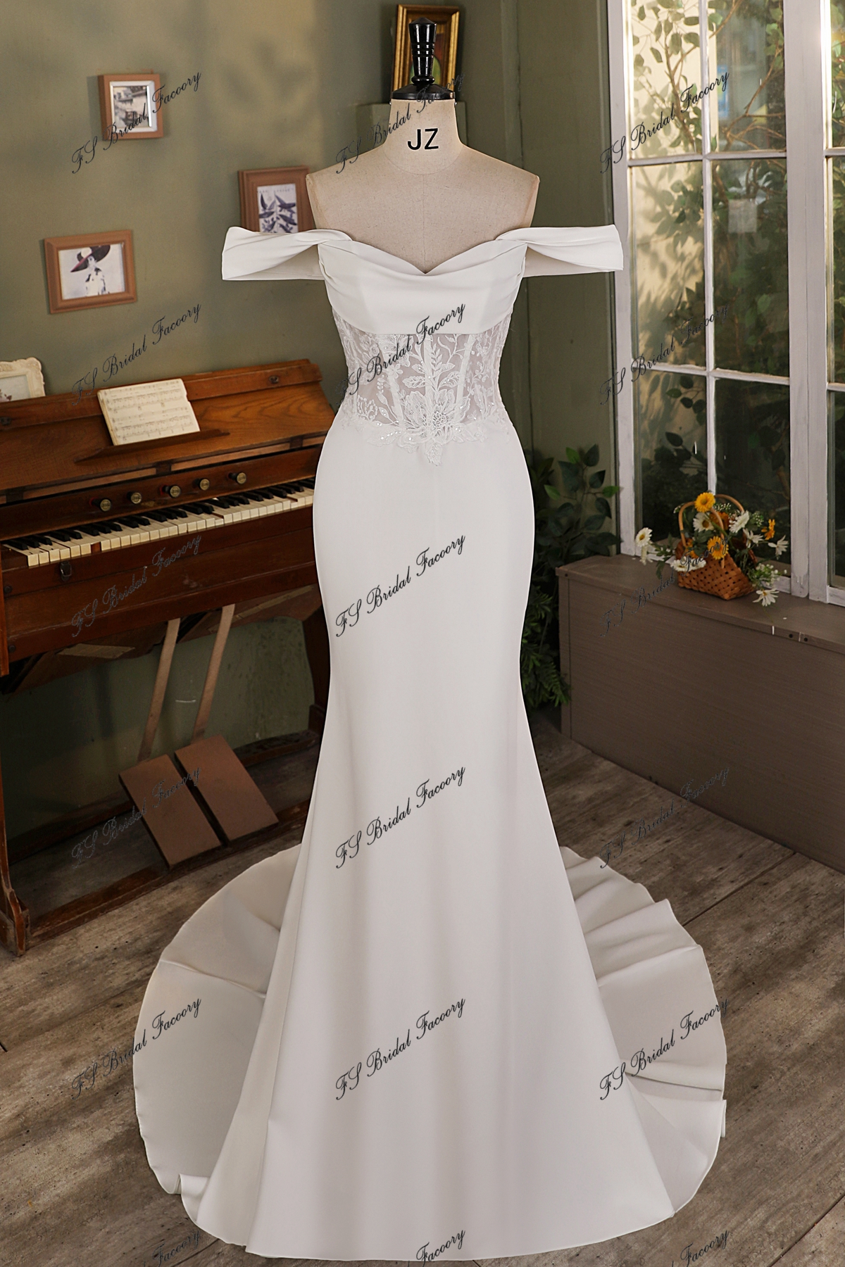 Ruffle Neckline Detached Off Shoulder Crepe Bridal Dress