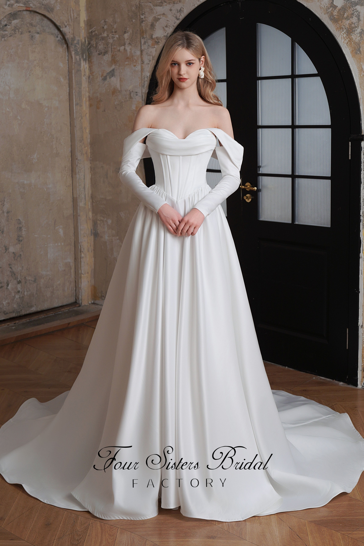 V Waist Satin A-Line Gown With Detached Sleeve