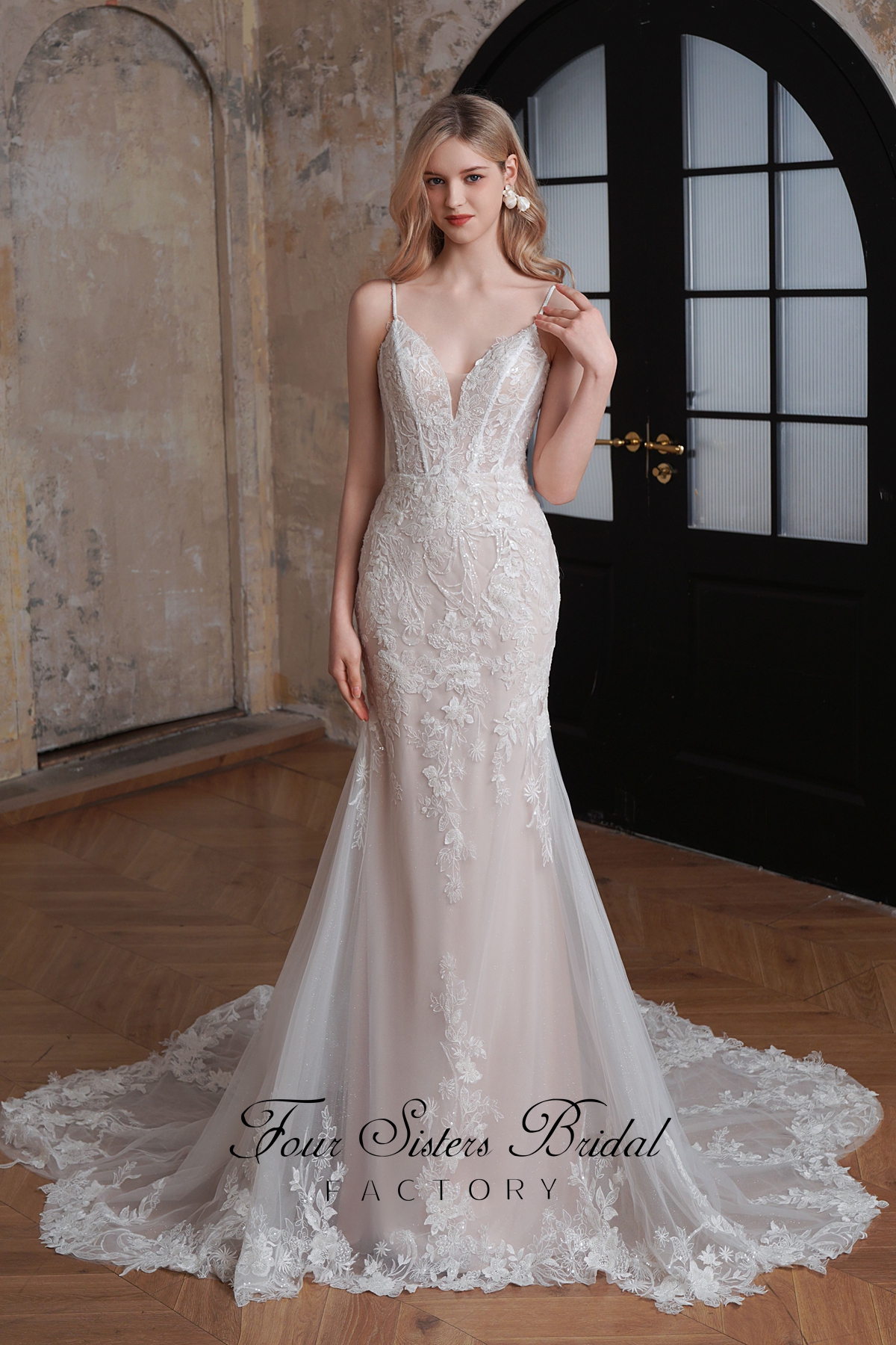 Delicate Beaded Spaghetti Straps Lace Mermaid Long Train Wedding Gown