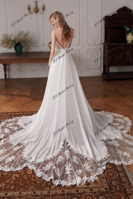 Long A-line Chiffon Wedding Dress With Round Neckline