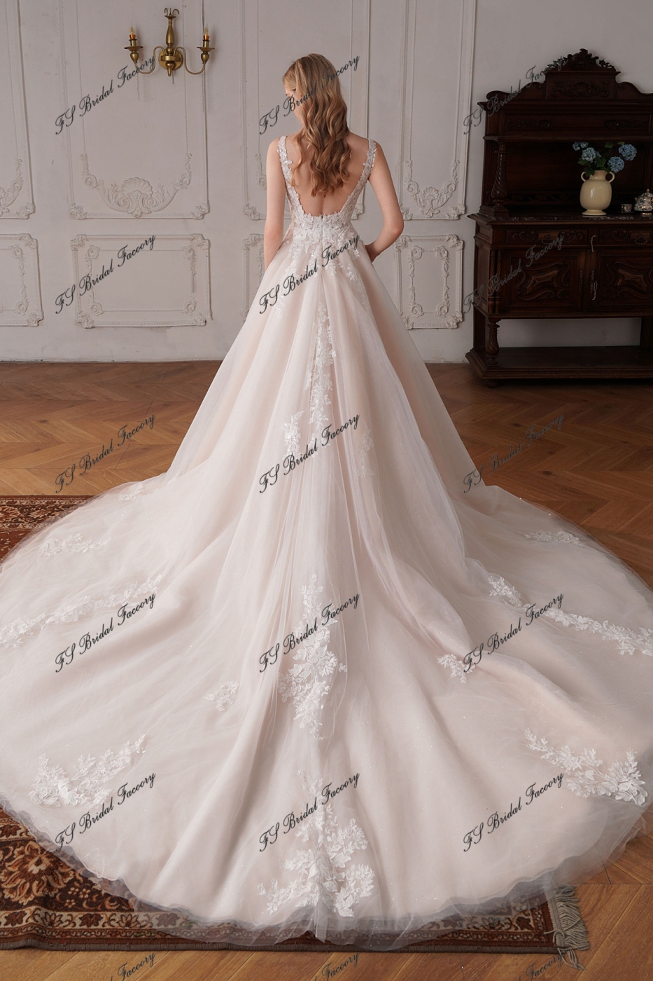Beaded A-Line Gown with V-Neckline and Chapel Length Train