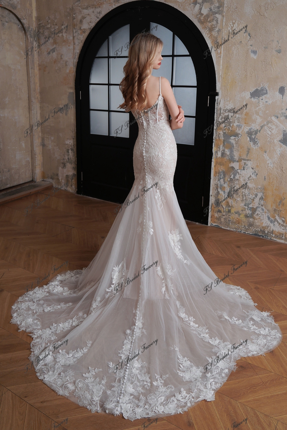 Delicate Beaded Spaghetti Straps Lace Mermaid Long Train Wedding Gown