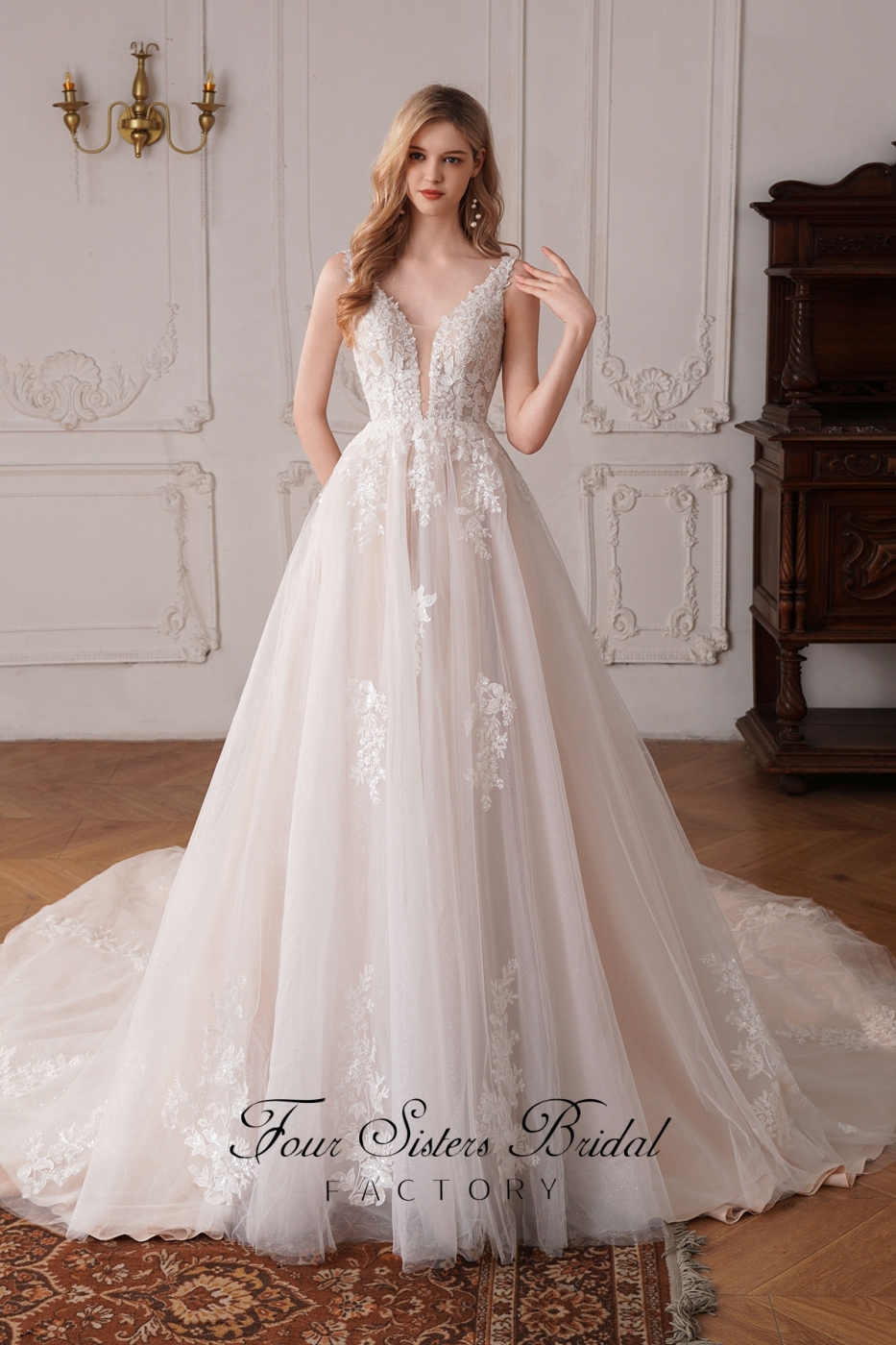 Beaded A-Line Gown with V-Neckline and Chapel Length Train