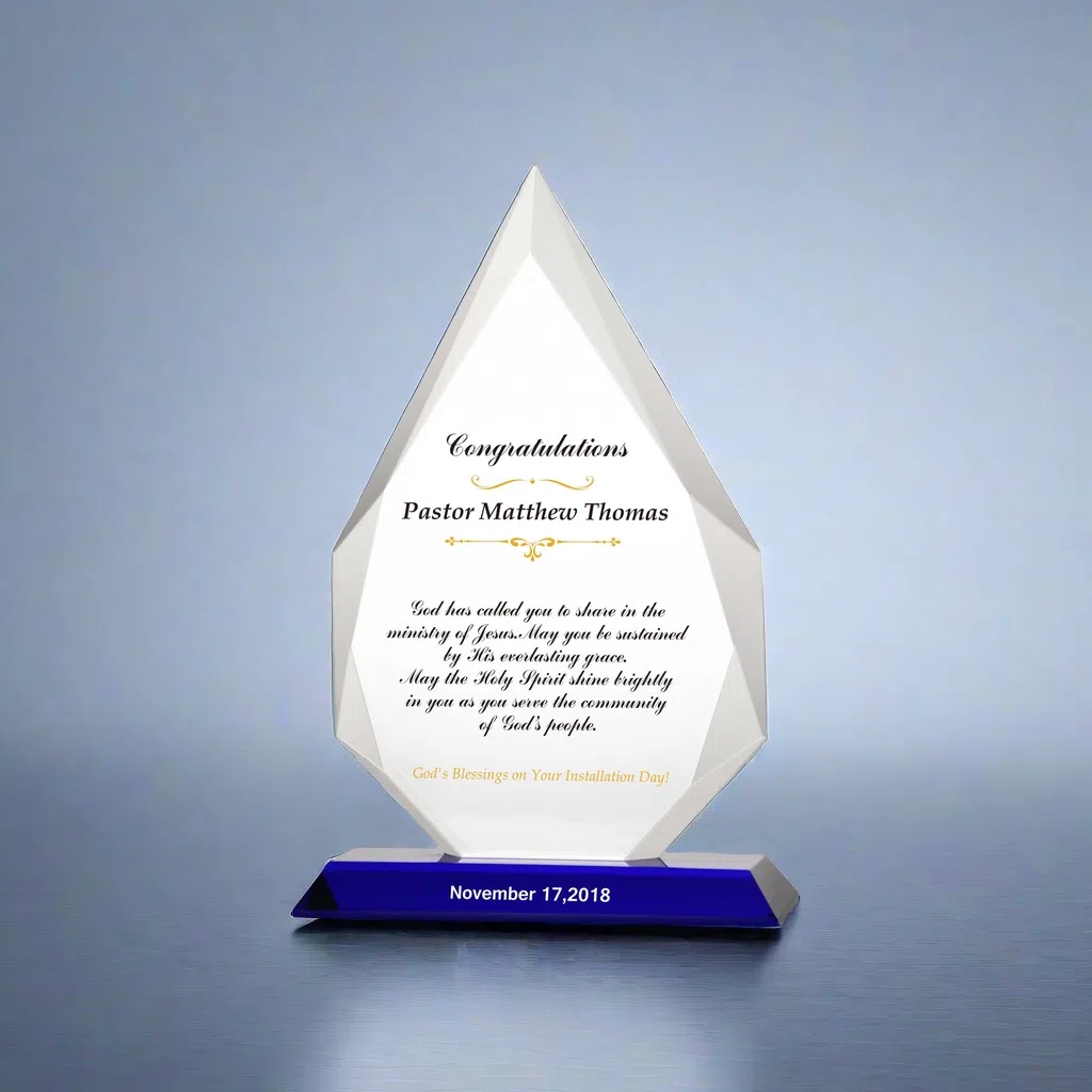 Pastor Installation Gift Plaque Blue Base Clear Crystal Peak Trophy ...