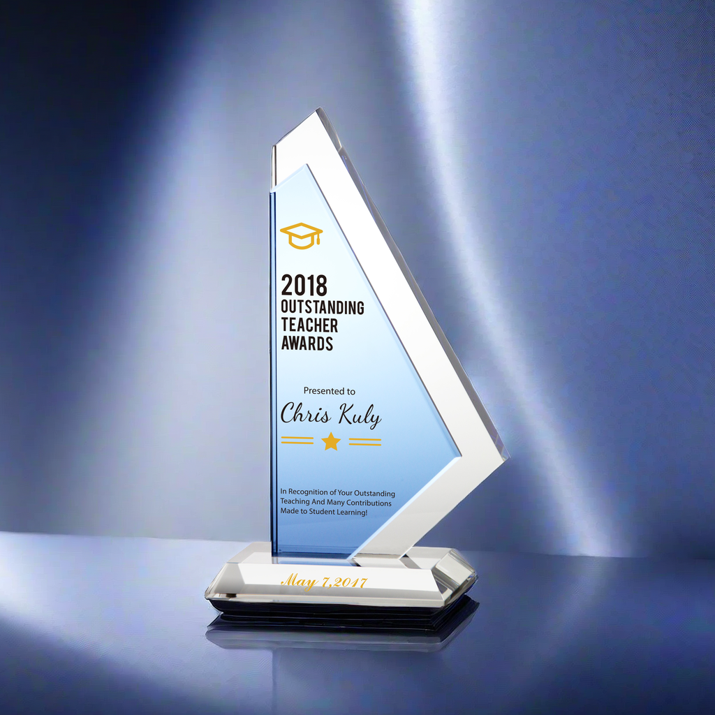 Custom Blue Crystal Triangle Outstanding Teacher Awards
