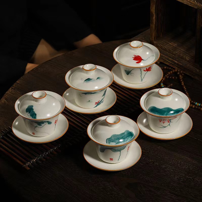 Ceramic Ruyao hand painting covered bowl (gaiwan)