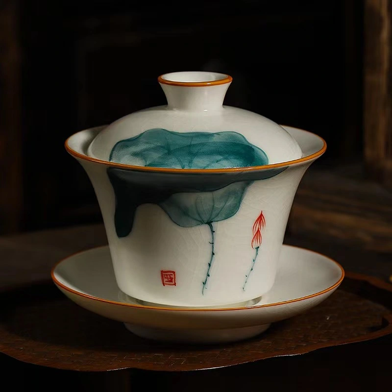 Ceramic Ruyao hand painting covered bowl (gaiwan)