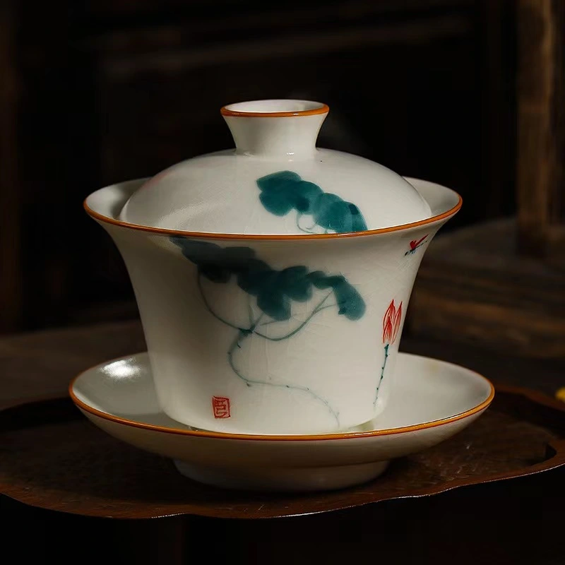 Ceramic Ruyao hand painting covered bowl (gaiwan)