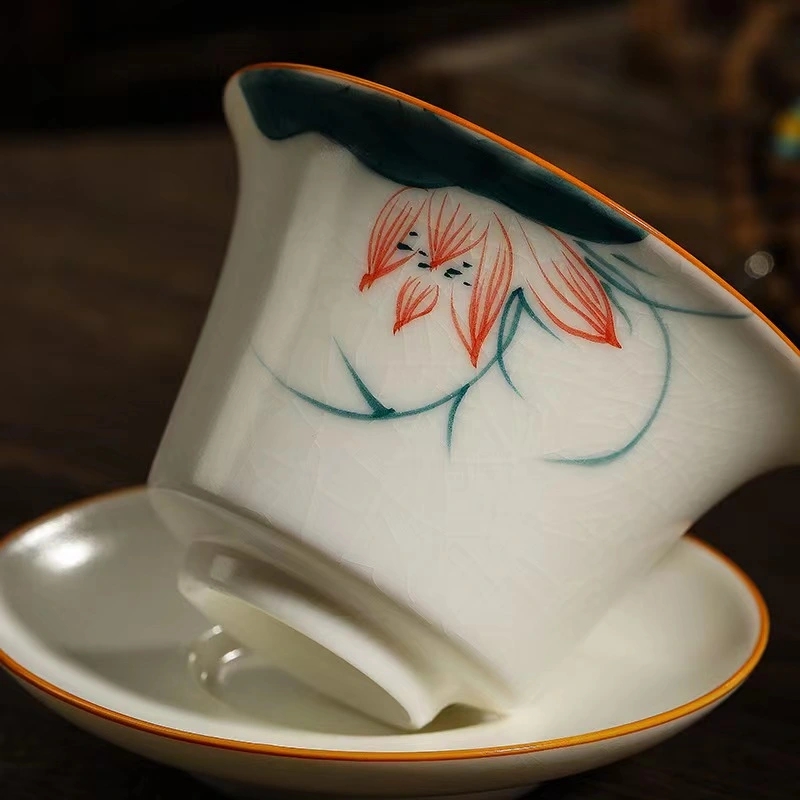 Ceramic Ruyao hand painting covered bowl (gaiwan)