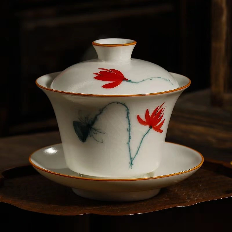 Ceramic Ruyao hand painting covered bowl (gaiwan)