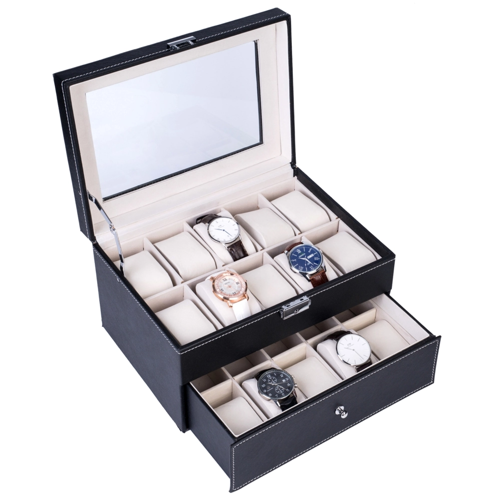 20 Compartments Dual Layers Elegant Wooden Watch Collection Box Black