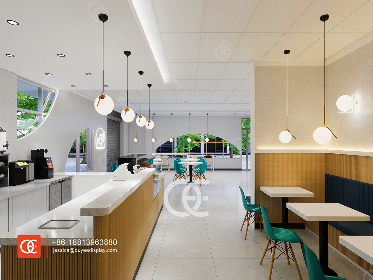 White Cafe Interior Design Coffee Bar Counter Shelf Bubble Tea Display