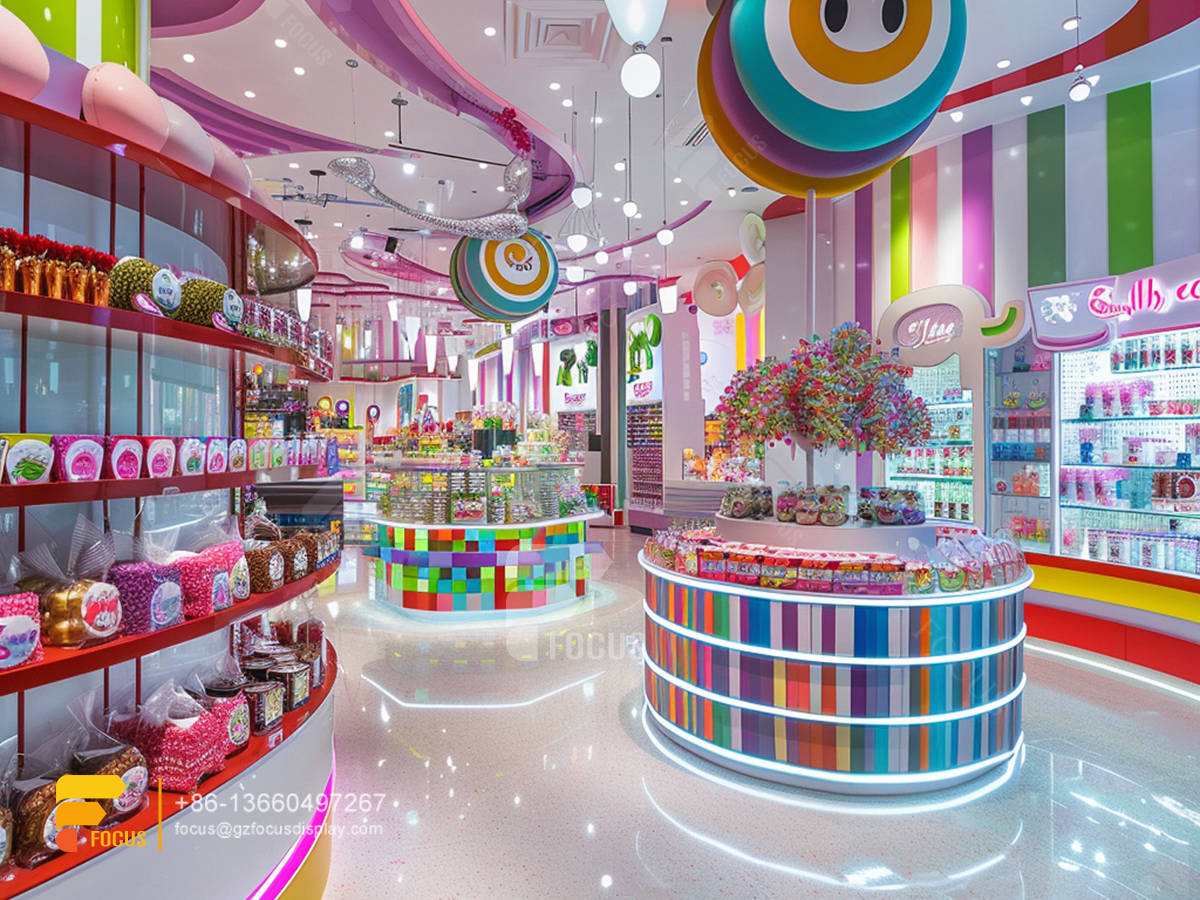 Candy Store Layout Design Snack Display Shelves Chocolate Glass Counter