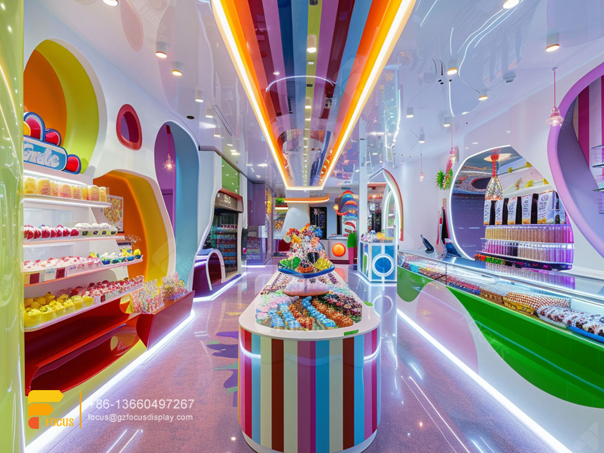 Candy Store Layout Design Snack Display Shelves Chocolate Glass Counter