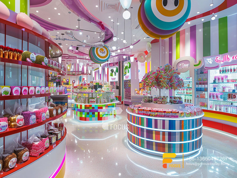 Candy Store Layout Design Snack Display Shelves Chocolate Glass Counter
