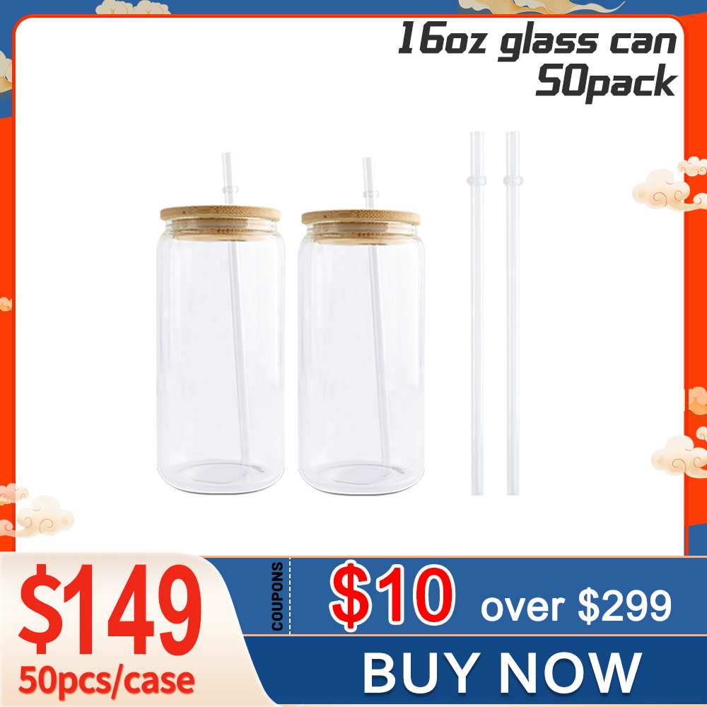 50Pack 16oz Sublimation Clear Glass Can Jar with Bamboo Lids and ...