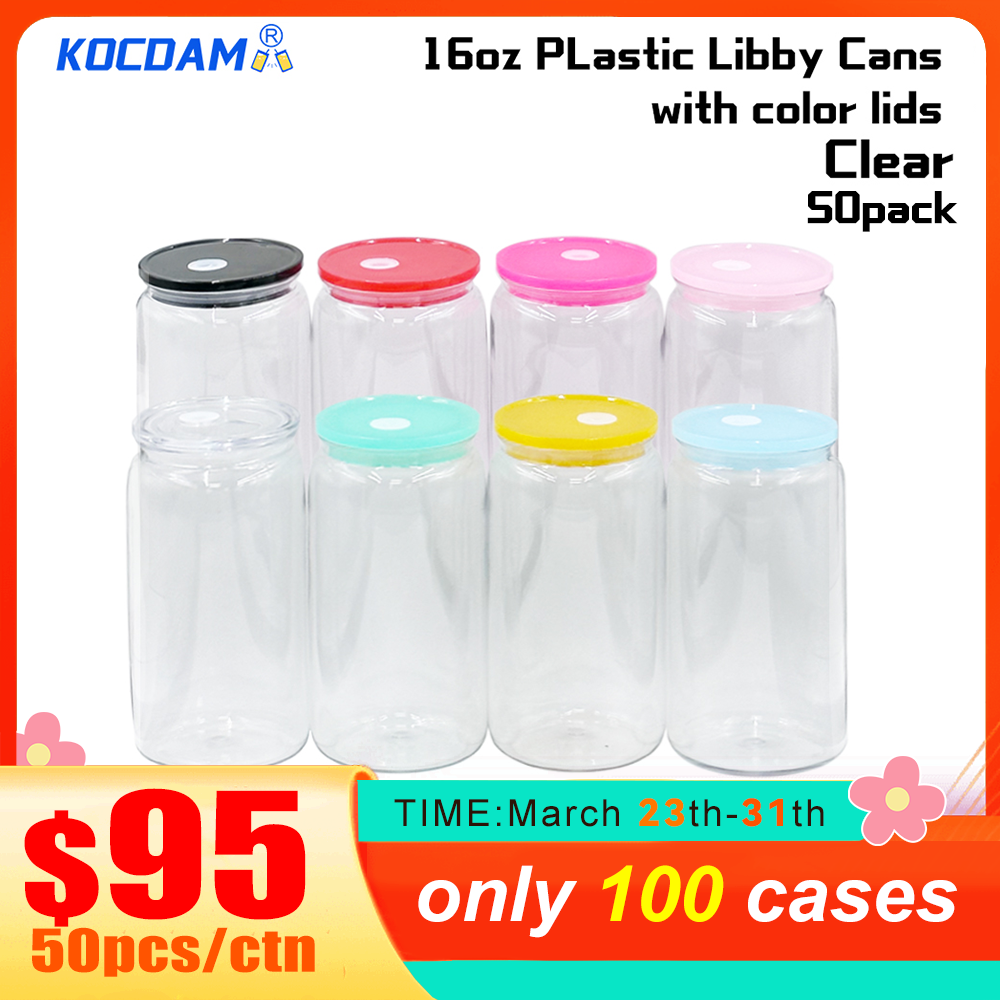 KOCDAM 50Pack 16OZ PC Plastic Libby Cans With 8 Colors Plastic Lids And ...