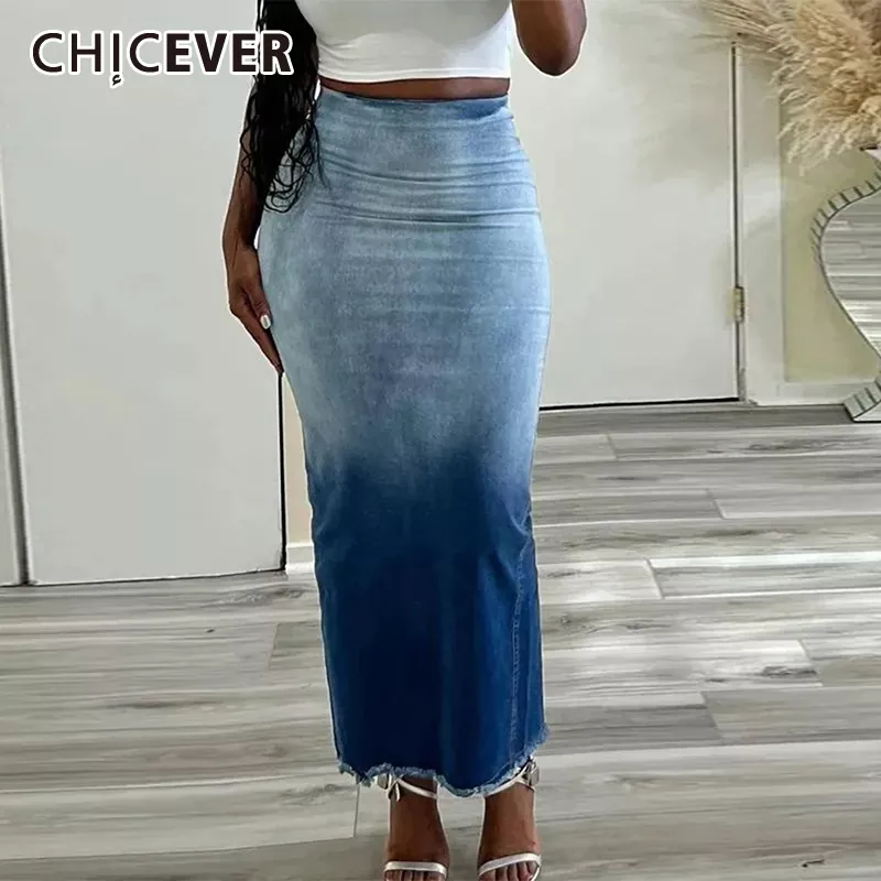 CHICEVER Colorblock Slimming Denim Skirts For Women