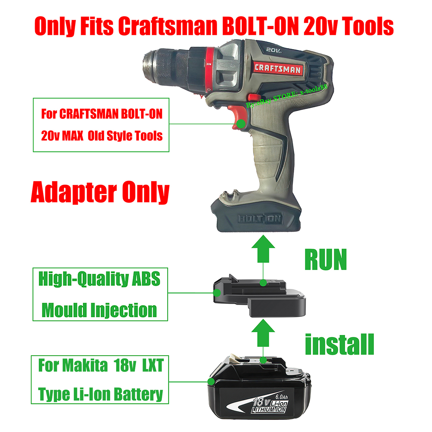 1 Adapter for Makita 18v LXT Batteries to Power Craftsman 20v BOLT-ON ...