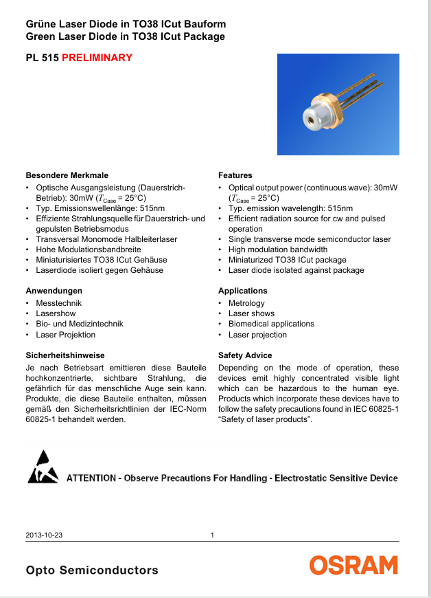OSRAM 515nm 30mW Green Laser Diode (TO38 3.8mm) PL515