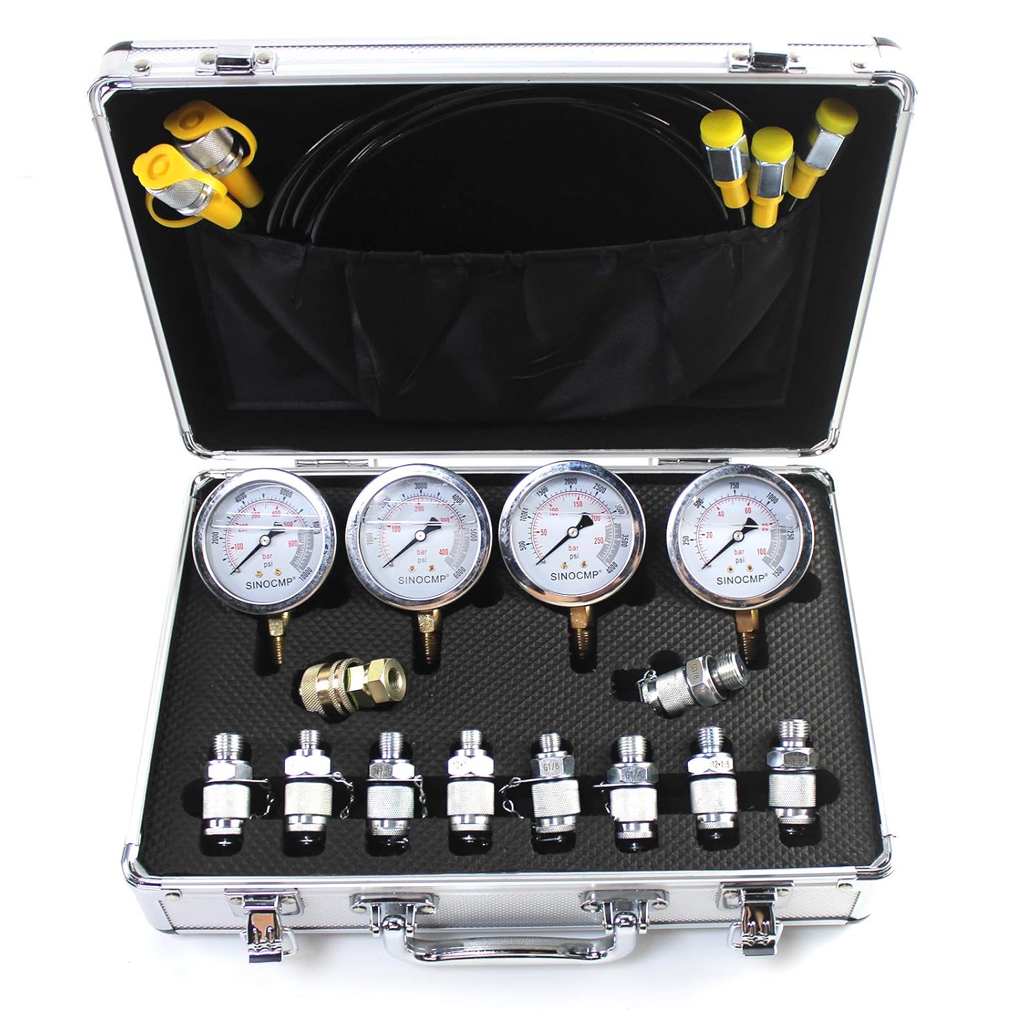 SINOCMP Hydraulic Pressure Test Gauge Kit, 4 Gauges(10Mpa/25Mpa/40Mpa ...