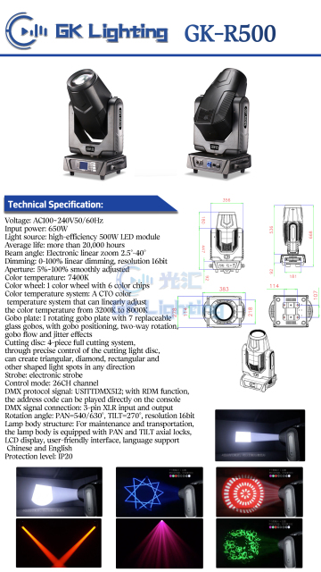 GK Lighting GK-R500 500W LED Stage Lights Profile Moving Heads Theater ...
