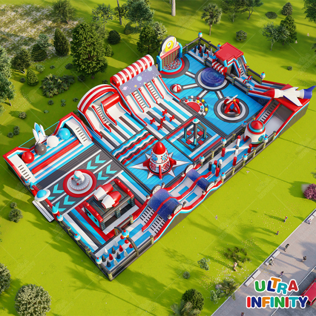 Space theme park: One large slide, One long obstacle, One leap n bound ...