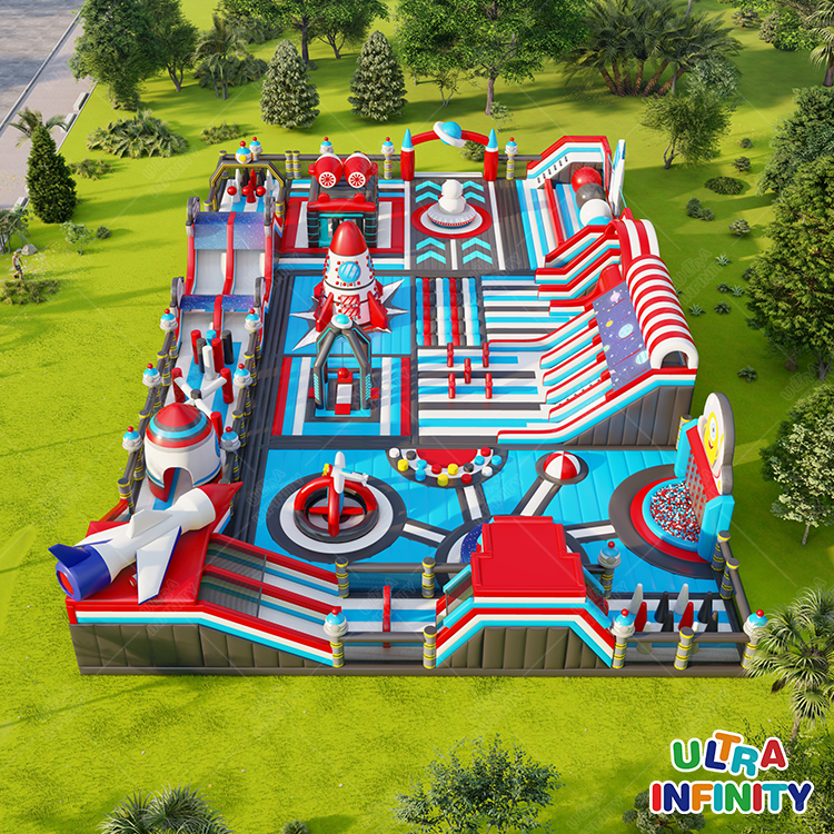 Space theme park: One large slide, One long obstacle, One leap n bound ...