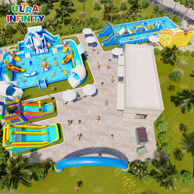 Outdoor shark theme water park inflatable pool slide toys ground water ...