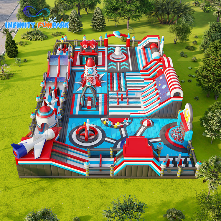 Space theme park: One large slide, One long obstacle, One leap n bound ...