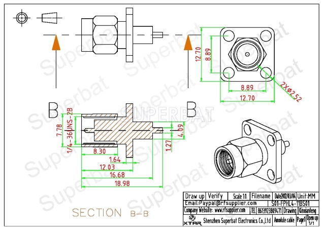 SMA Male 4 Hole Flange Plug Solder Connector with external insulator ...