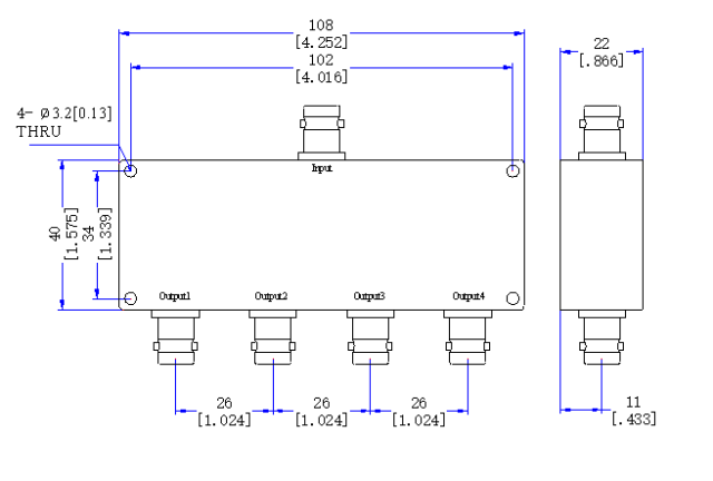 2～500 MHz BNC Female 4 Way Power Divider 50 Ohm Wide-Band Signal Splitter