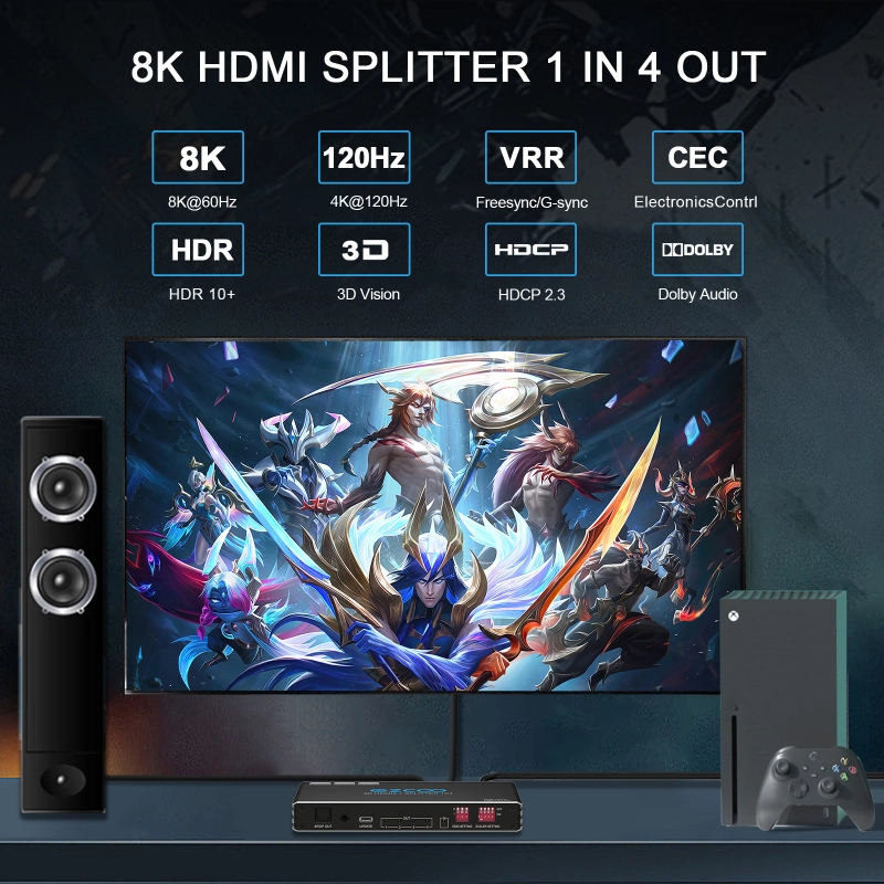 4K 120Hz HDMI 2.1 Splitter 1X4 Audio Extractor VRR ALLM HDCP2.3 HDR10 ...