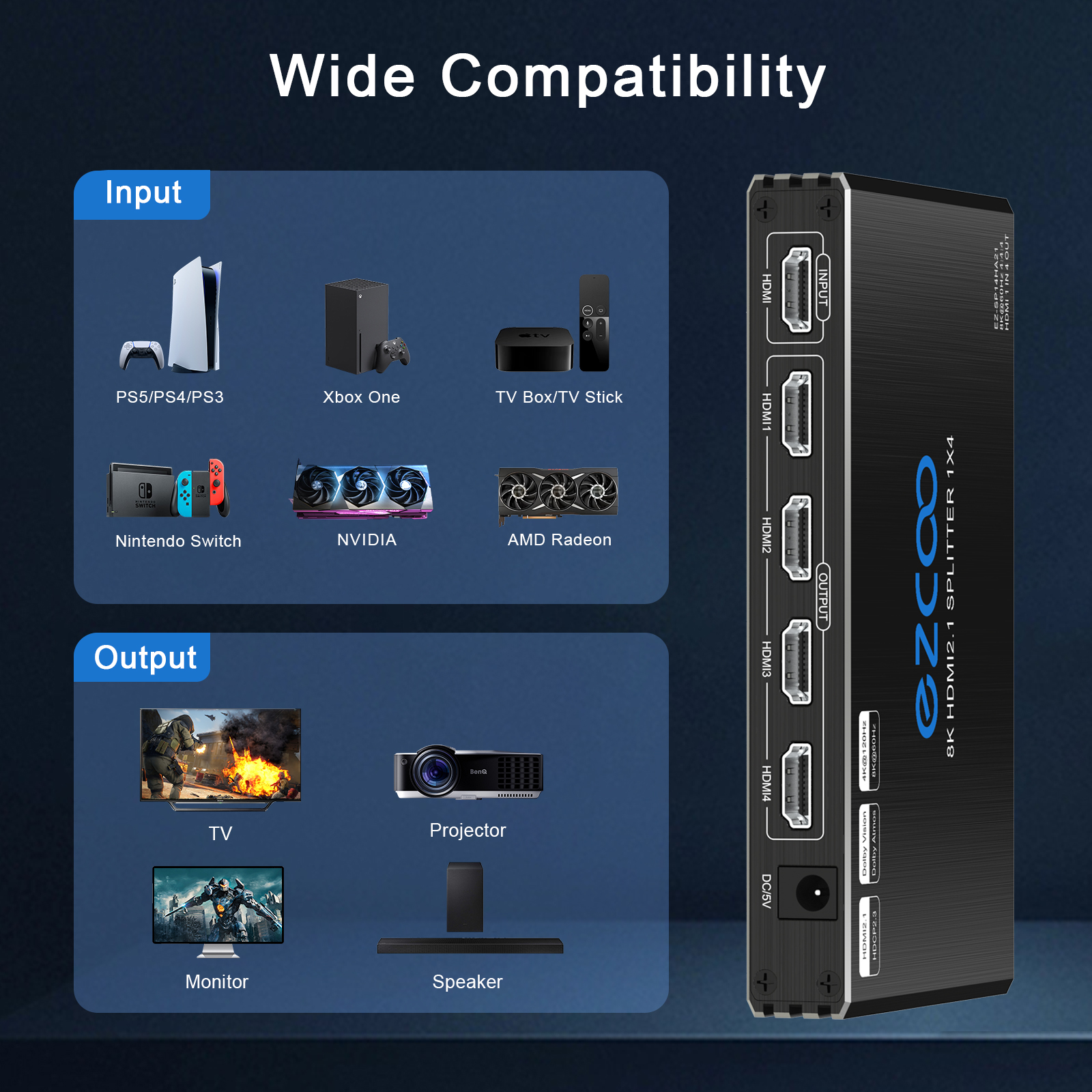4K 120Hz HDMI 2.1 Splitter 1X4 Audio Extractor VRR ALLM HDCP2.3 HDR10 ...