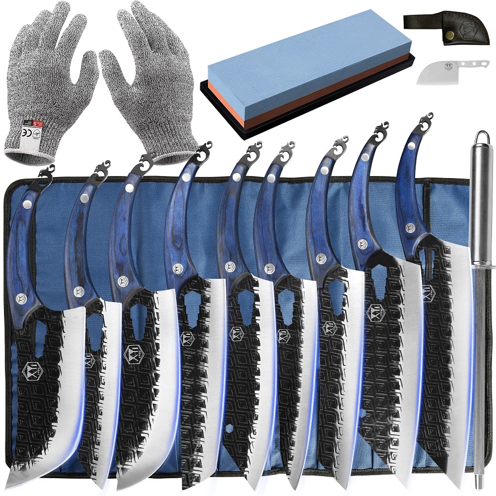 XYJ 9pcs Camping Cleaver Knives Set With Roll Bag Sharpener